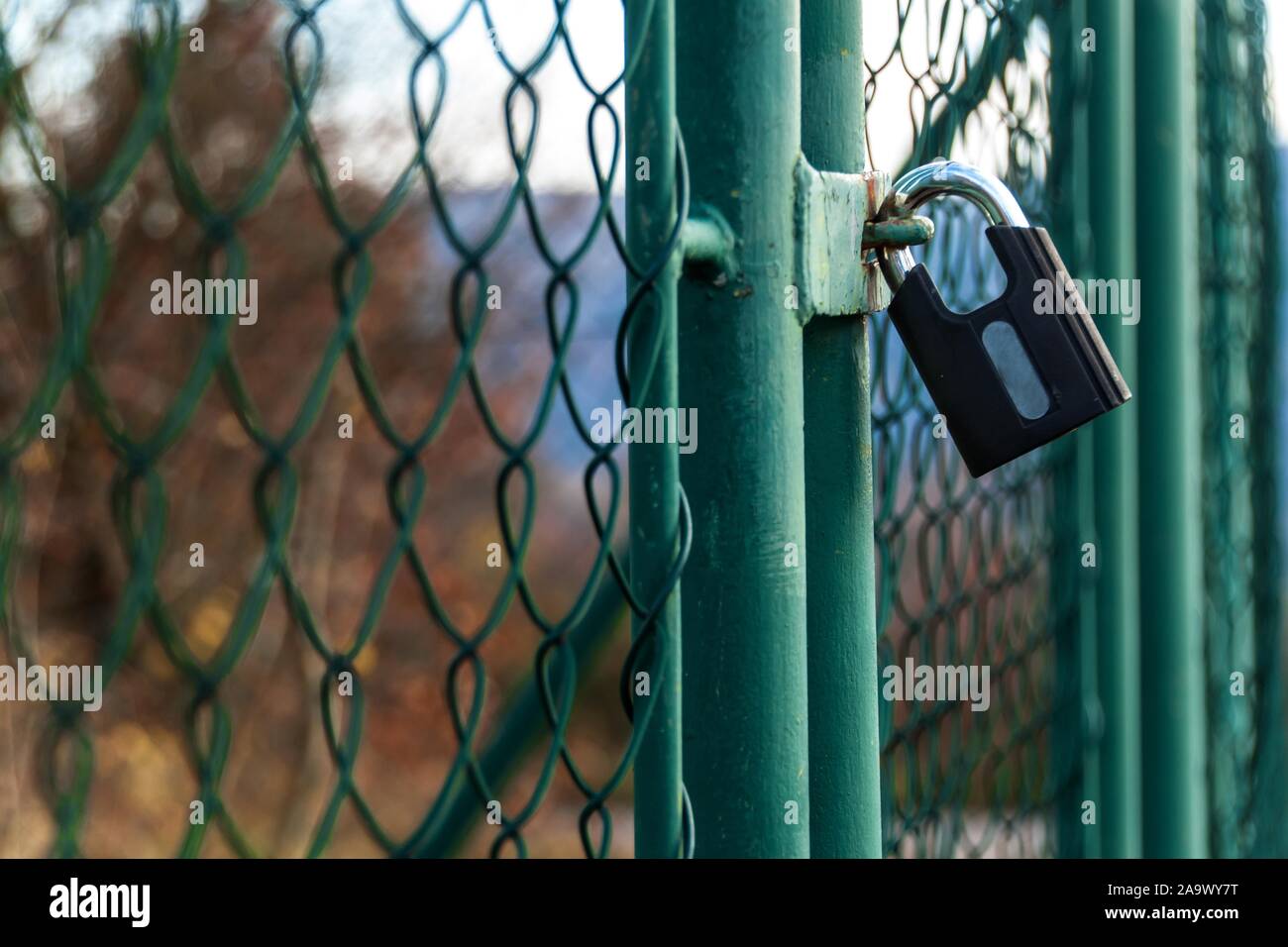 Padlock on a green fence. Security concept. Fencing house. New lock on ...