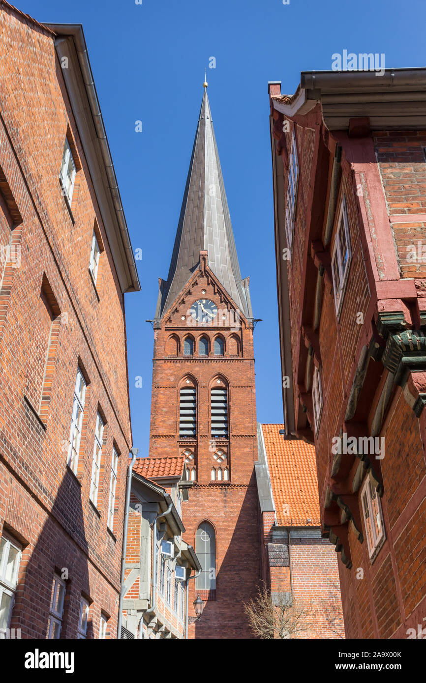 Tower of the Maria church in the historic center of Lauenburg, Germany ...
