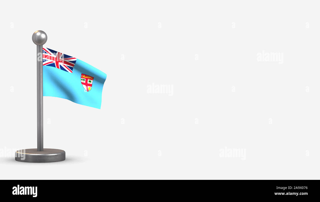 Fiji 3D waving flag illustration on a tiny metal flagpole. Isolated on ...