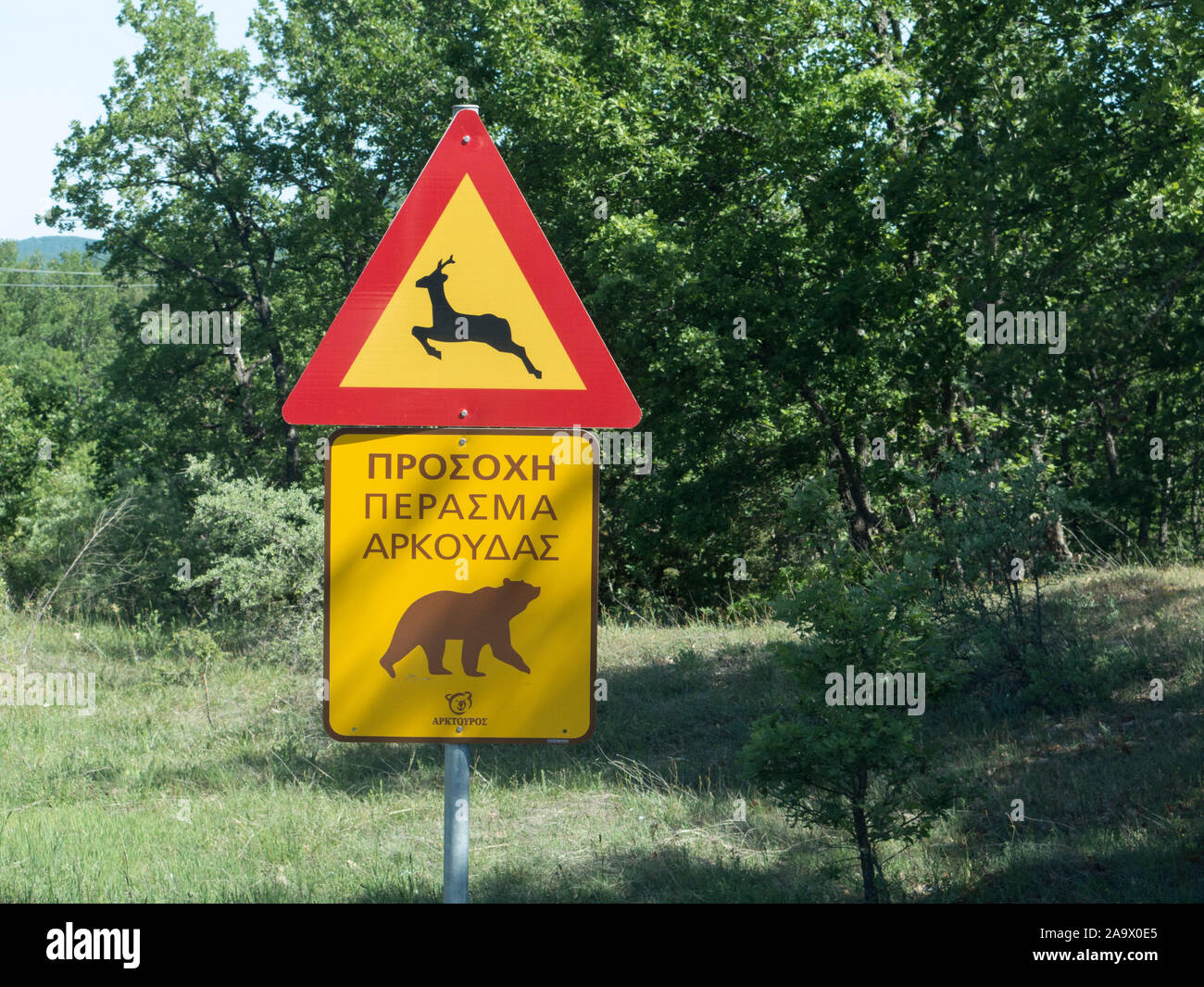 A traffic sign in Greece warning for bears and roe deers Stock Photo ...
