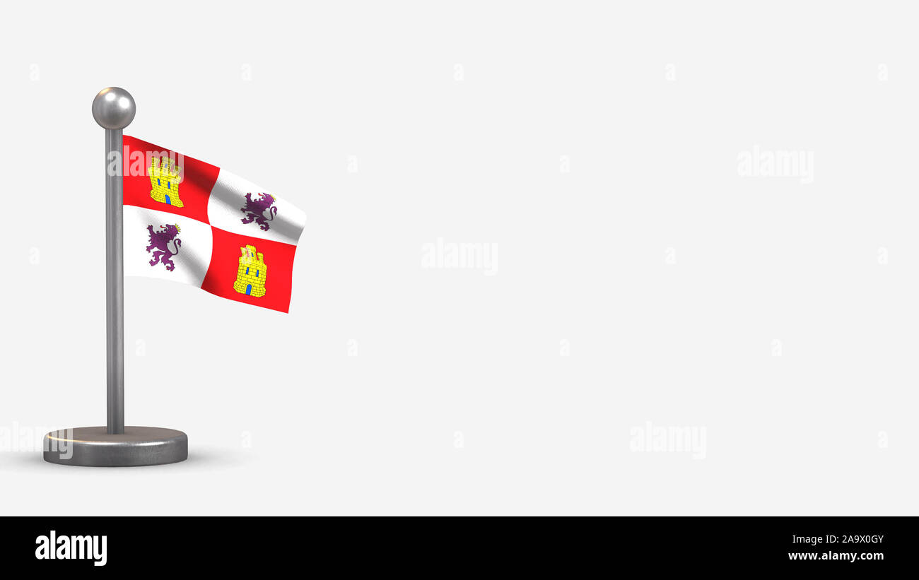 Castilla Y Leon 3D waving flag illustration on a tiny metal flagpole ...