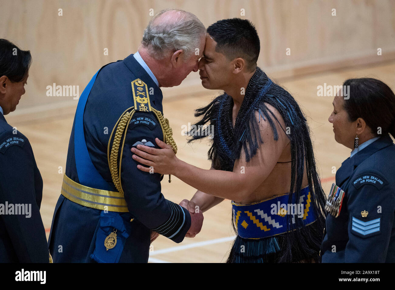 The Prince of Wales receives a traditional Maori greeting, the hongi ...