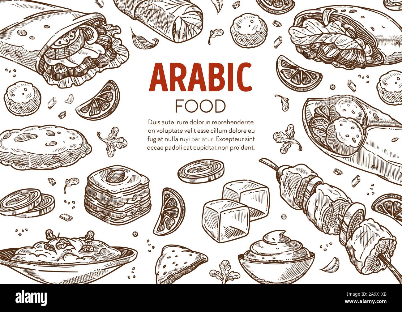 Restaurant menu with Arabic traditional food sketch banner Stock Vector ...