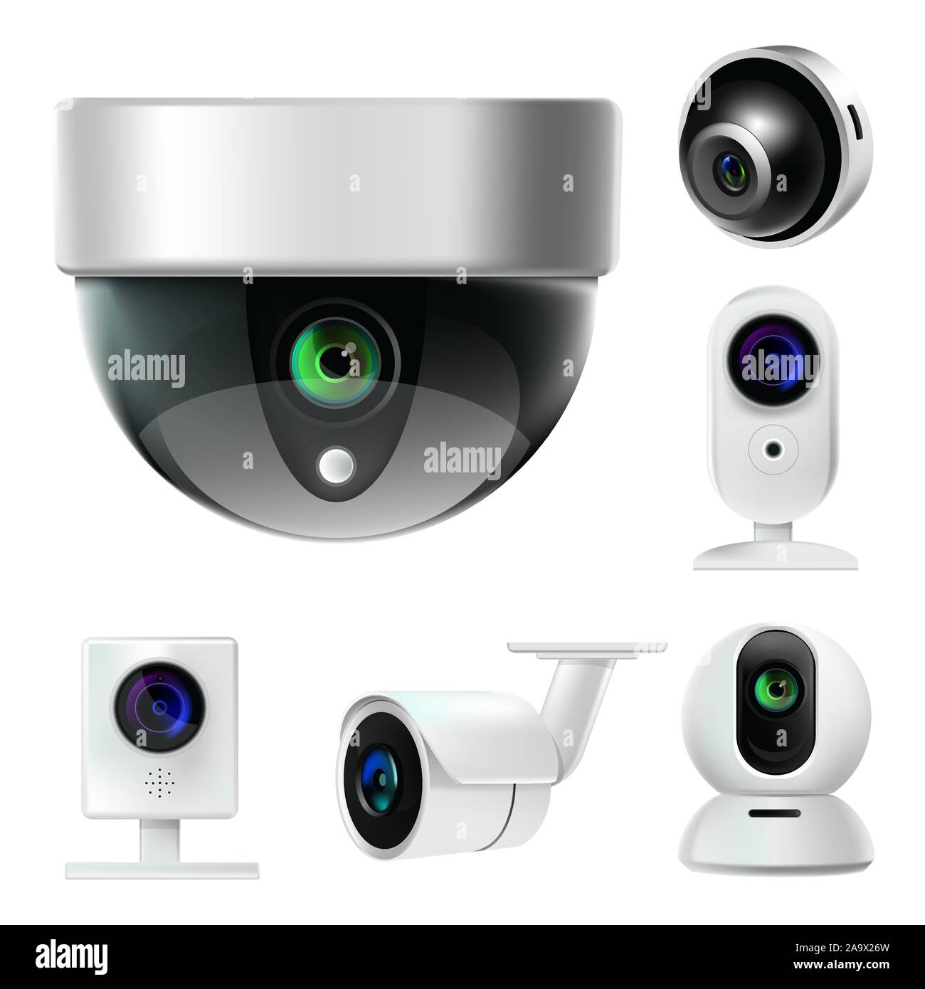 Surveillance camera or CCTV isolated icons, security system Stock ...
