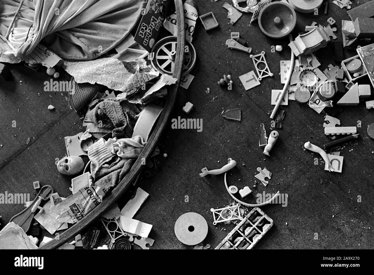 Broken dolls body parts discarded dolls hospital in abandoned slum ...