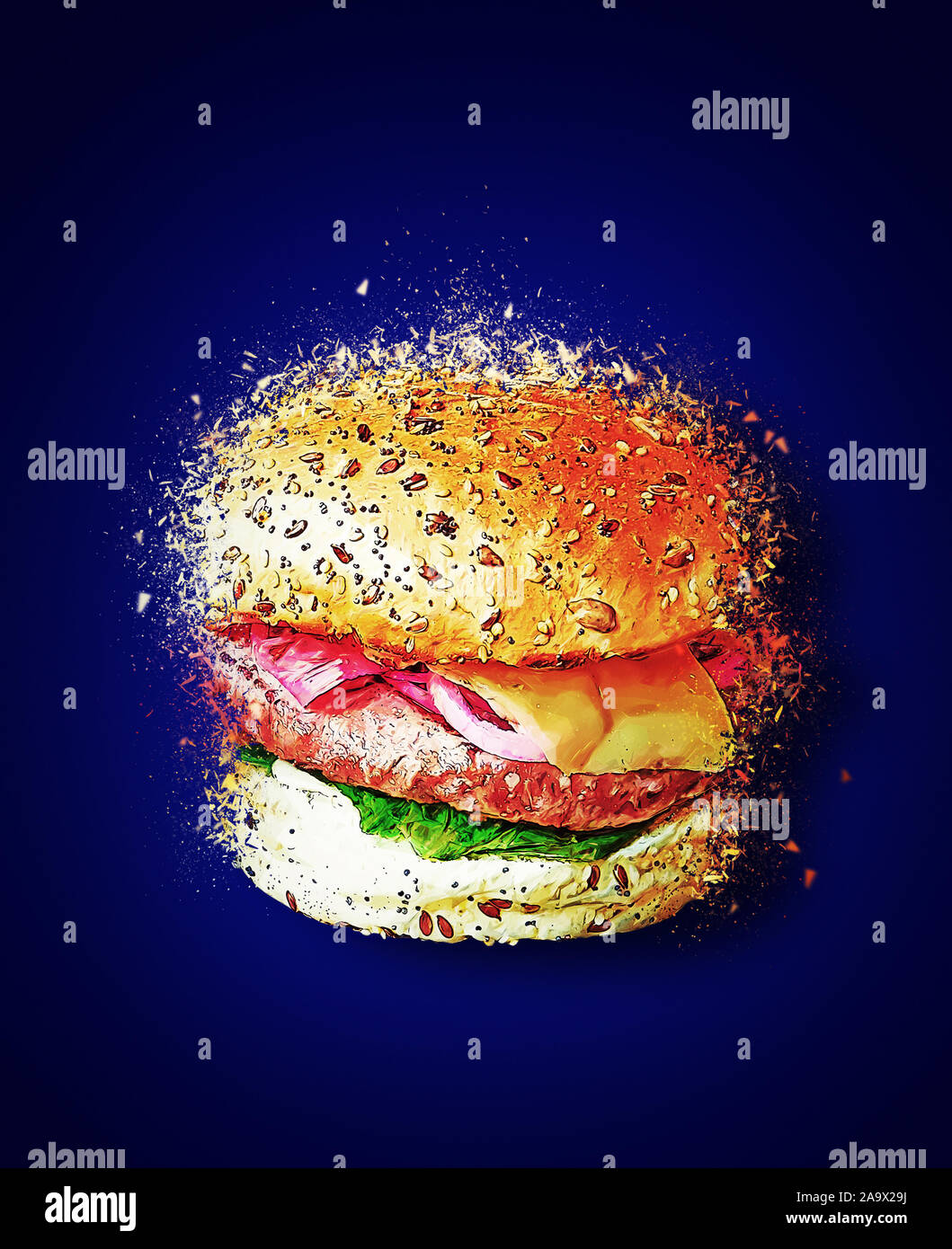 Big burger flying and exploding against blue background Stock Photo - Alamy