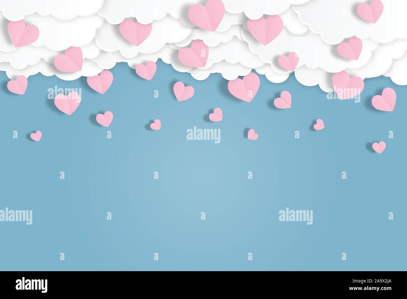 Pink heart fall down from blue sky. Valentine's day greeting card and ...