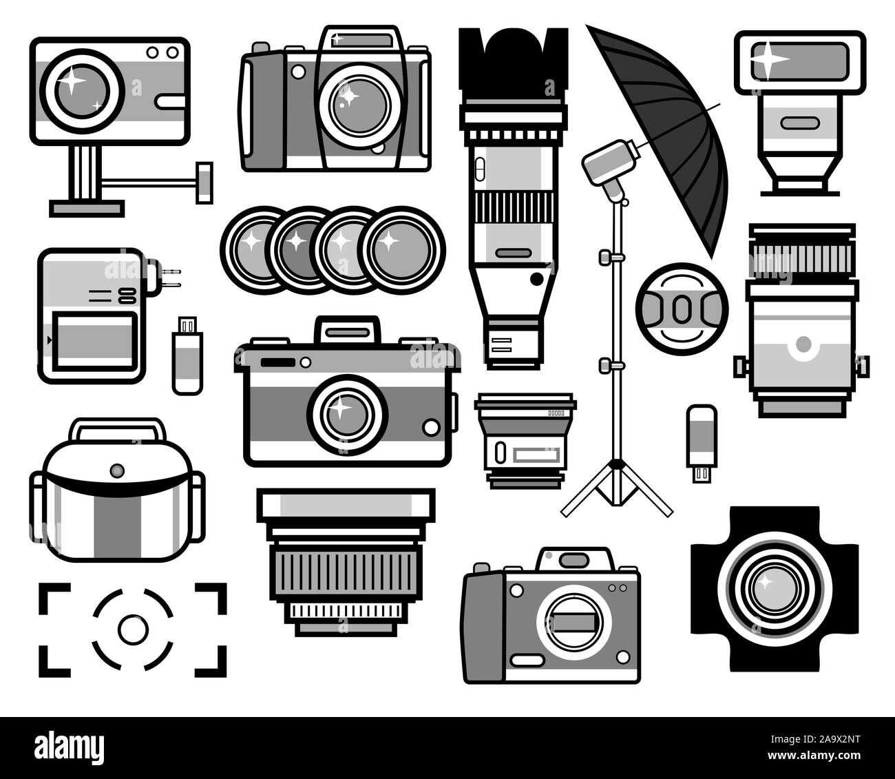 Camera and photo equipment isolated icons, photoshoot equipment Stock ...