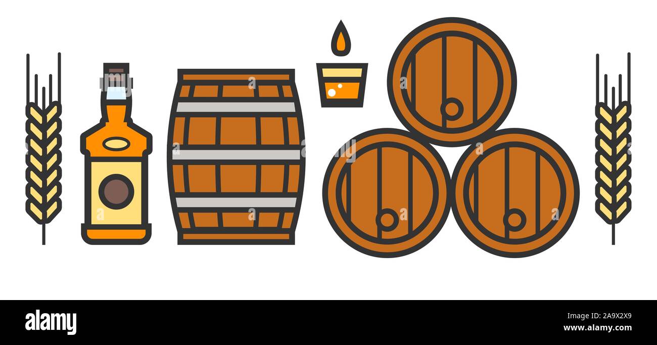 Craft beer and brewery isolated icons, bottle and barrels Stock Vector ...