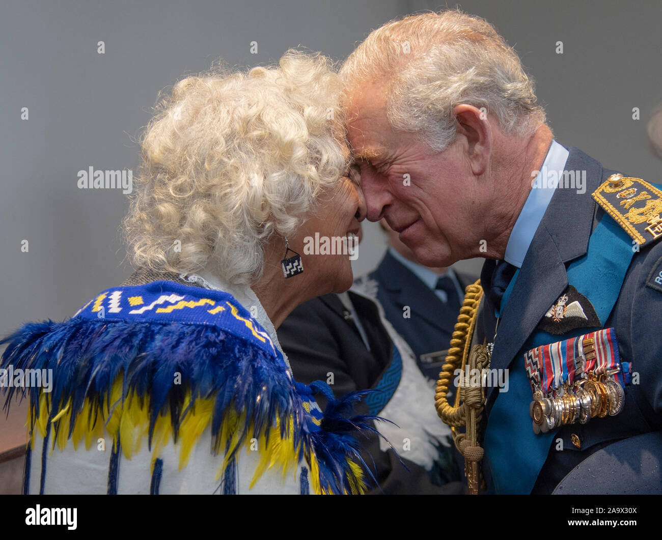 The Prince of Wales receives a hongi at a reception after he attended ...