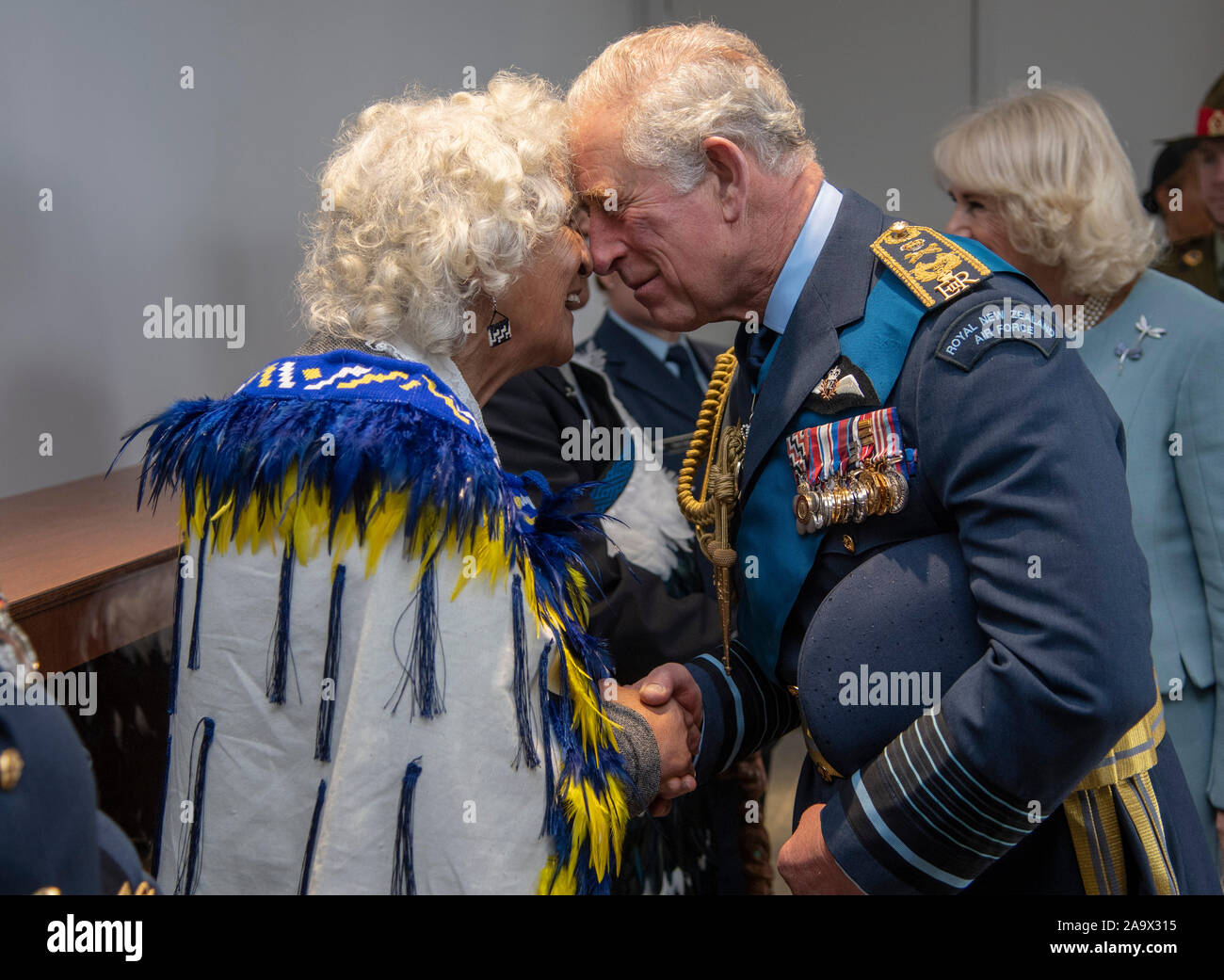 The Prince of Wales receives a hongi at a reception after he attended ...