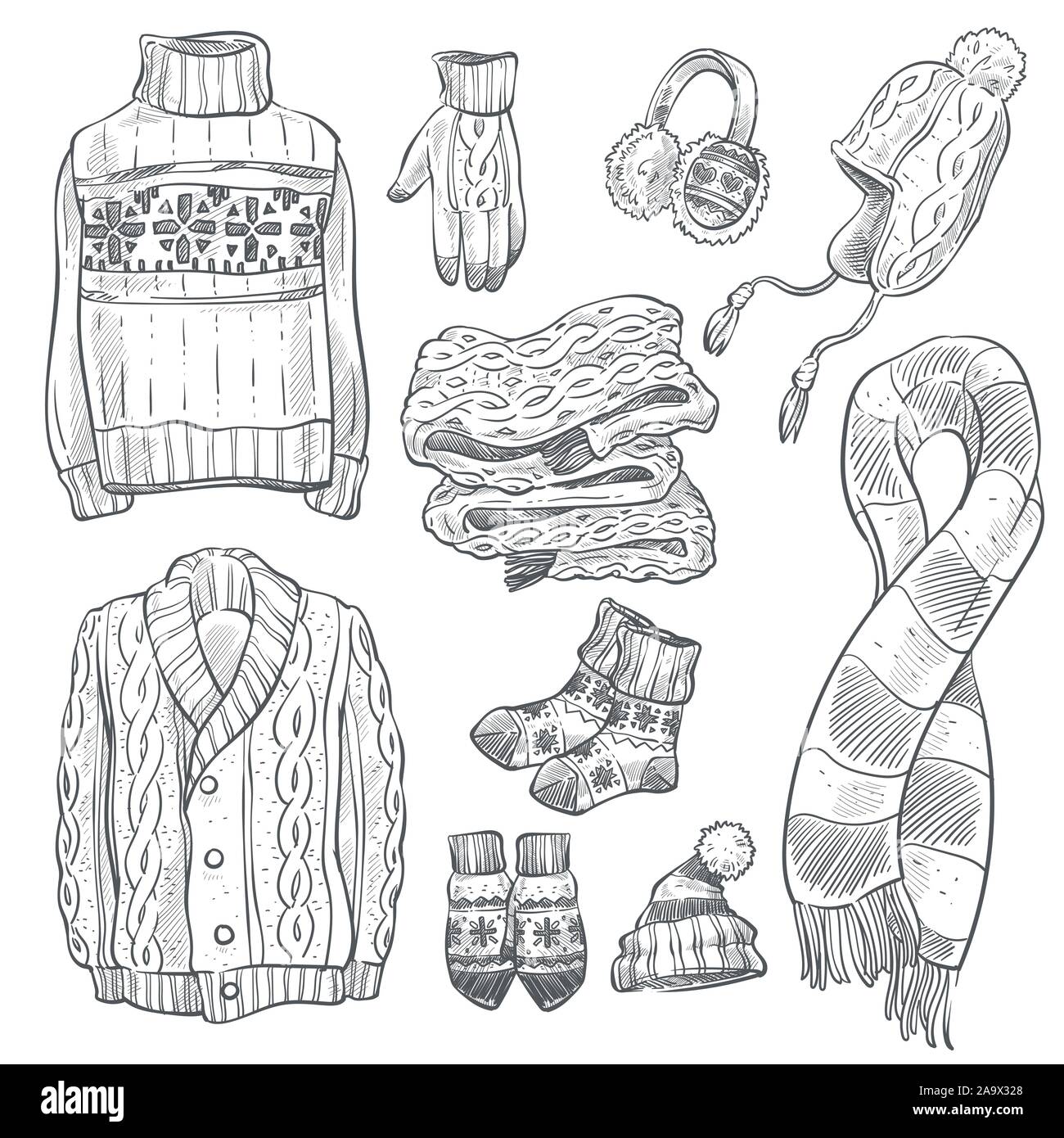 Knitwear Or Knitted Winter Clothes Isolated Sketch Icons Stock Vector