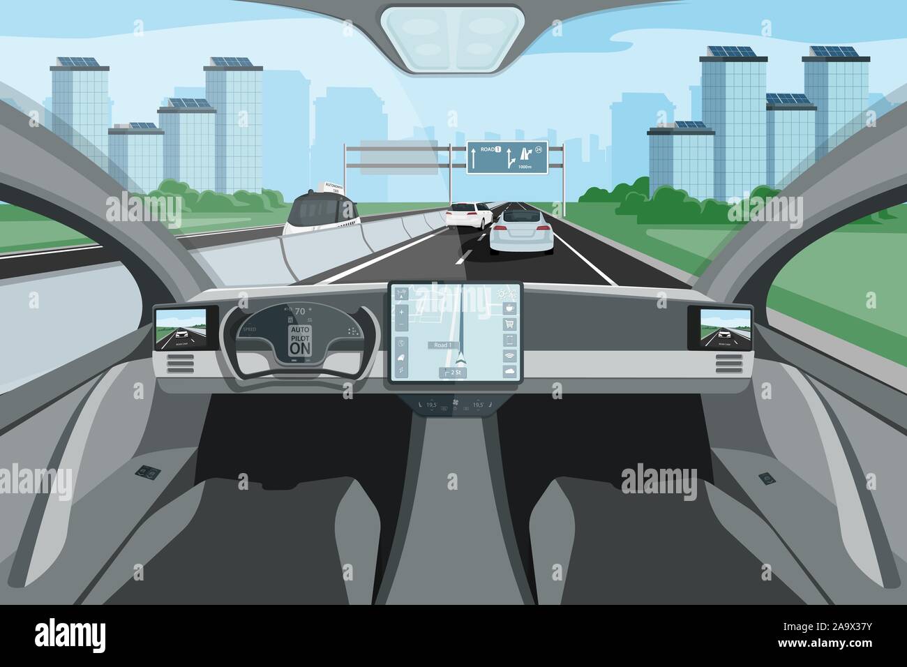 Self driving car on a road. Autonomous vehicle. Inside view. Vector ...