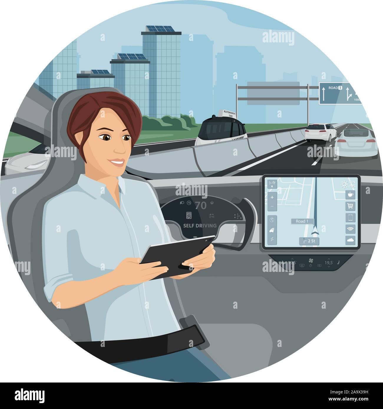 Passenger sitting in the seat with digital tablet when autonomous self ...