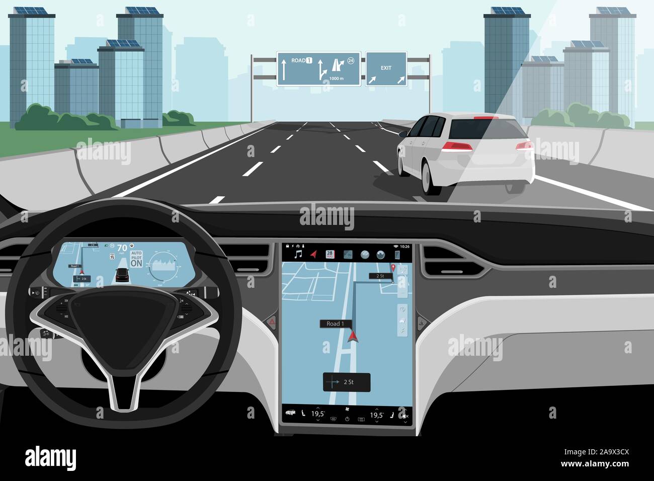 Self driving car on a road. Autonomous vehicle. Inside view. Vector ...