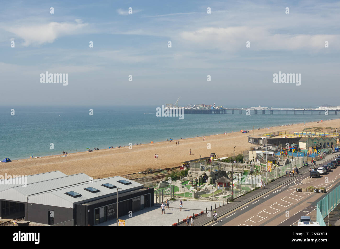Brighton, England - August 24, 2019: View along beach and seafront ...