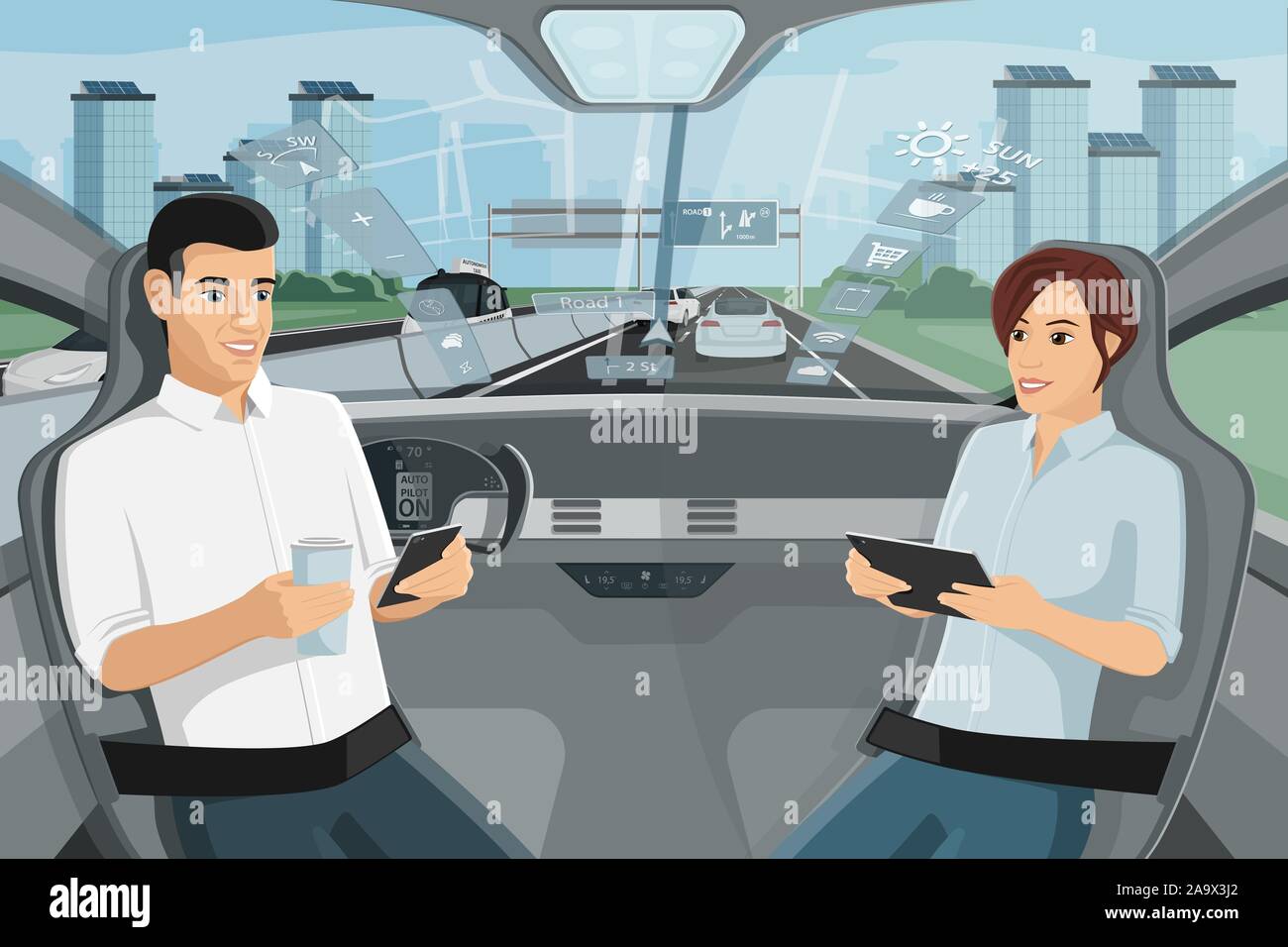 Passengers sitting in the seat with digital tablet when autonomous self ...