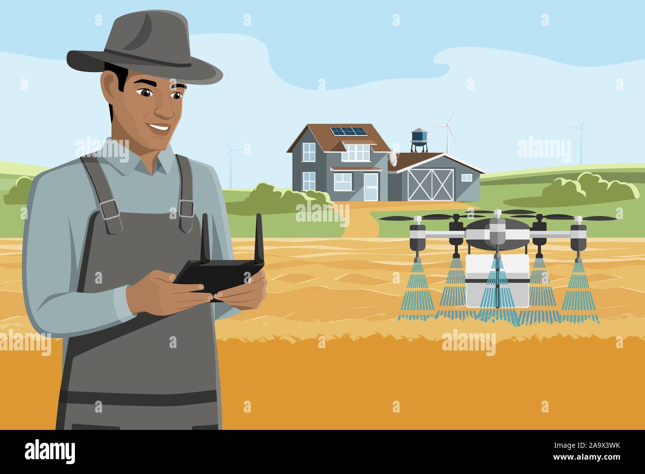 Black african american farmer with tablet control drone-sprayer. Digital transformation in ...