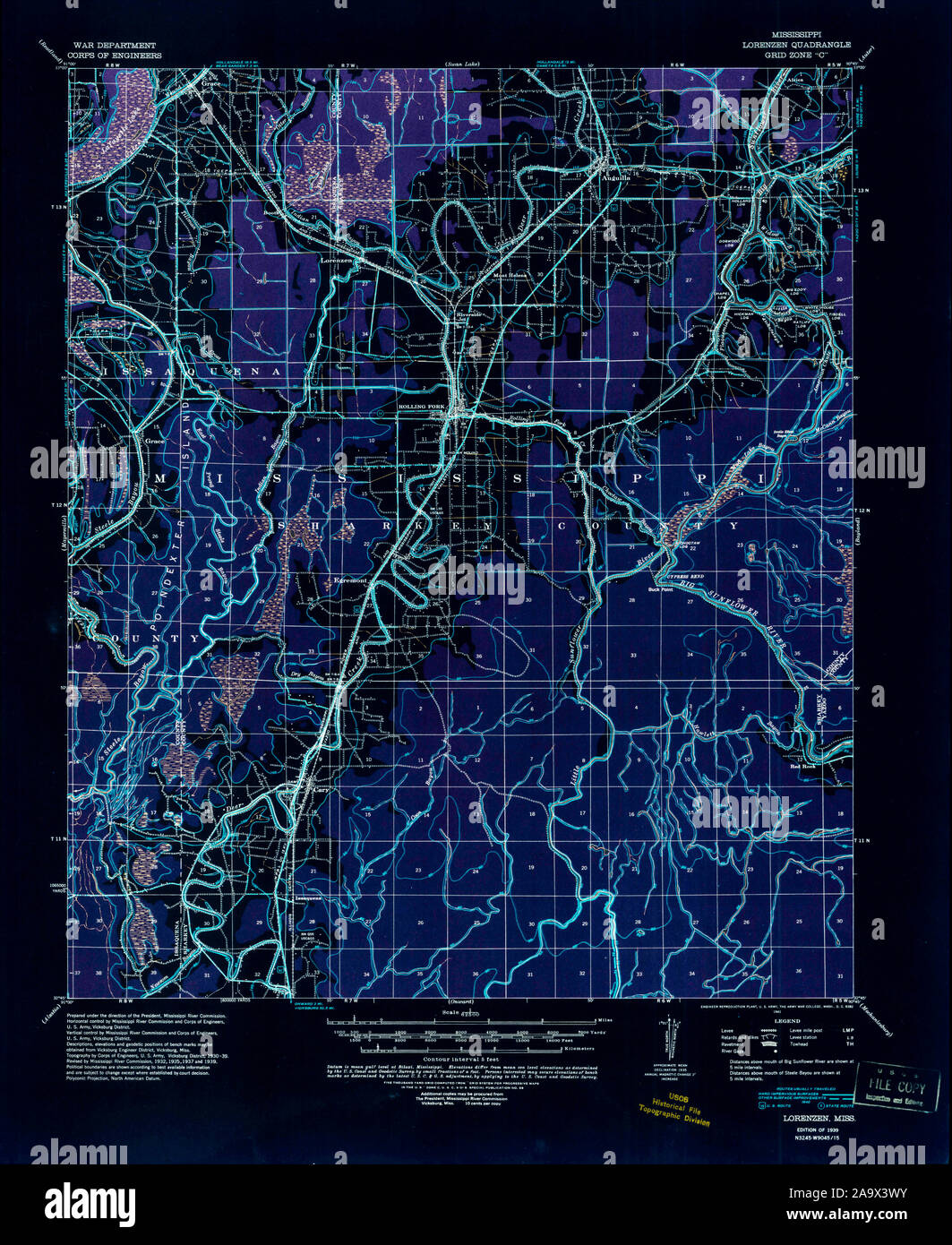 USGS TOPO Map Mississippi MS Lorenzen 336960 1939 62500 Inverted ...