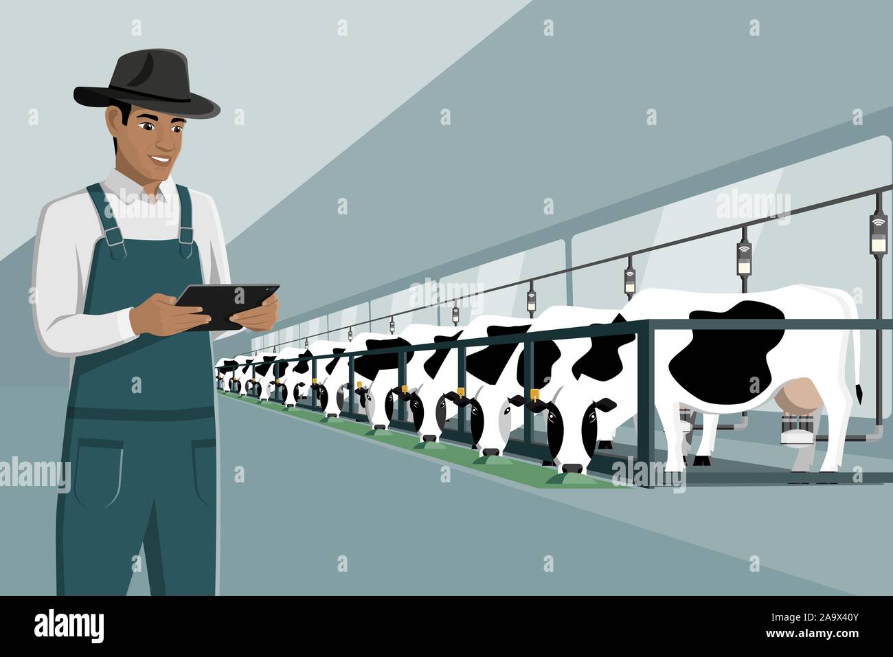 Modern african american farmer with tablet on a dairy farm. Automated ...