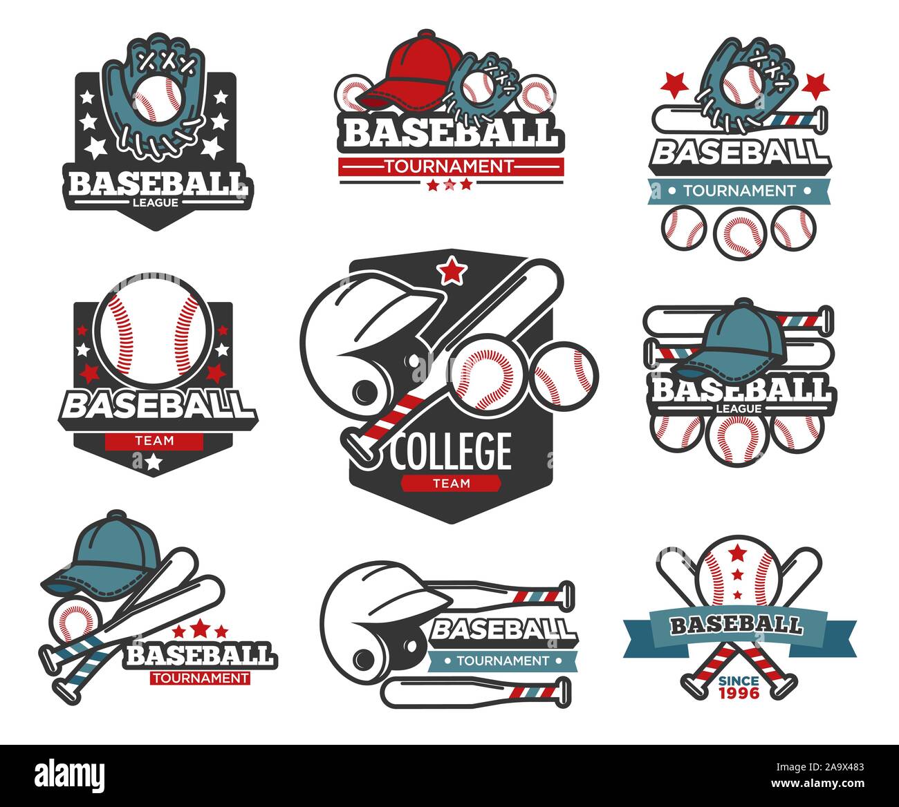 Baseball tournament isolated icons, sporting items, bat and ball Stock ...