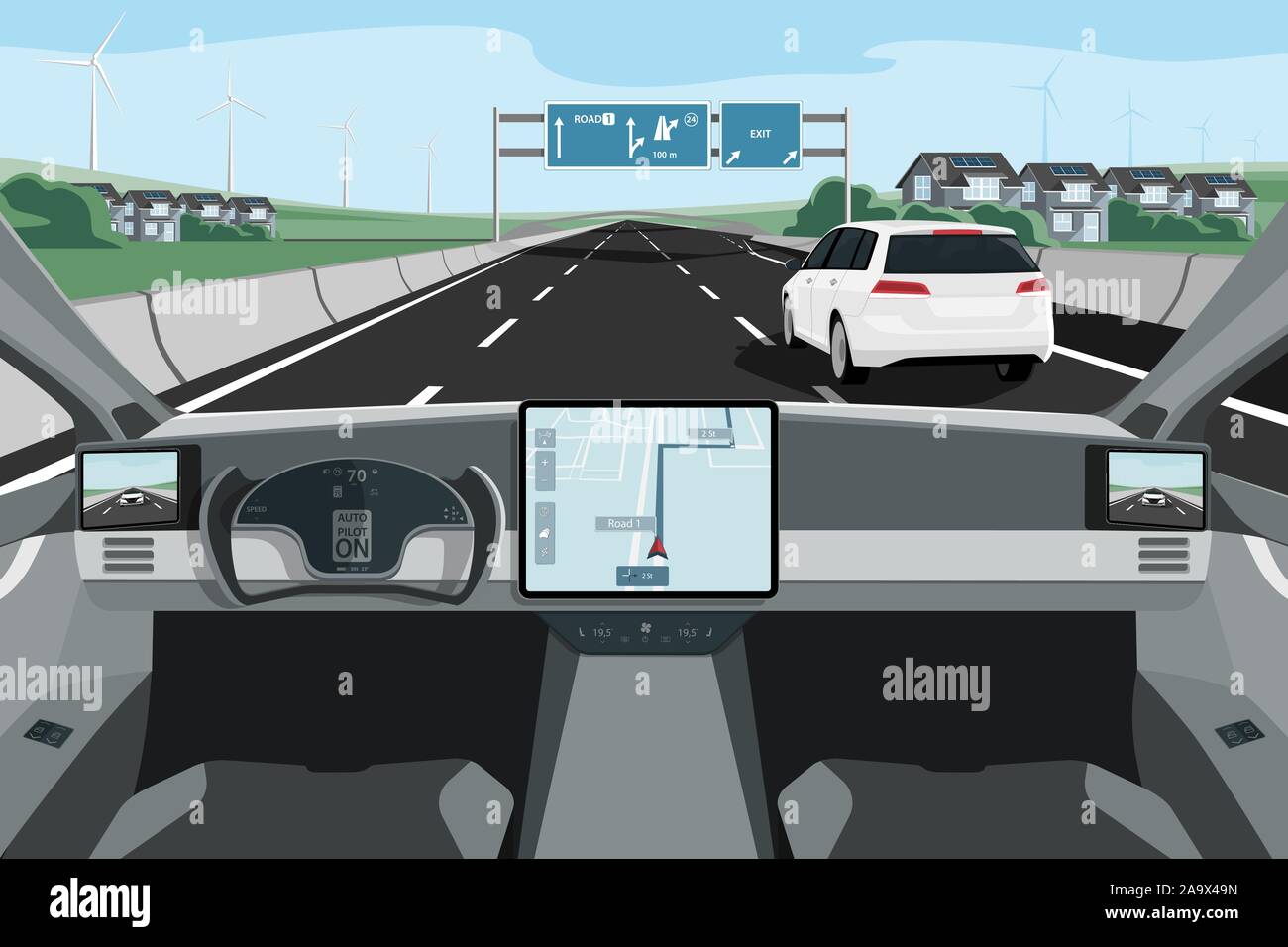 Self driving car on a road. Autonomous vehicle. Inside view. Vector ...
