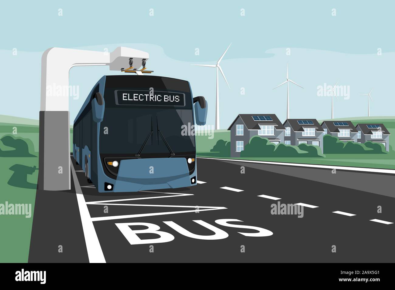 Electric bus stands at the charging station. Vector illustration Stock ...