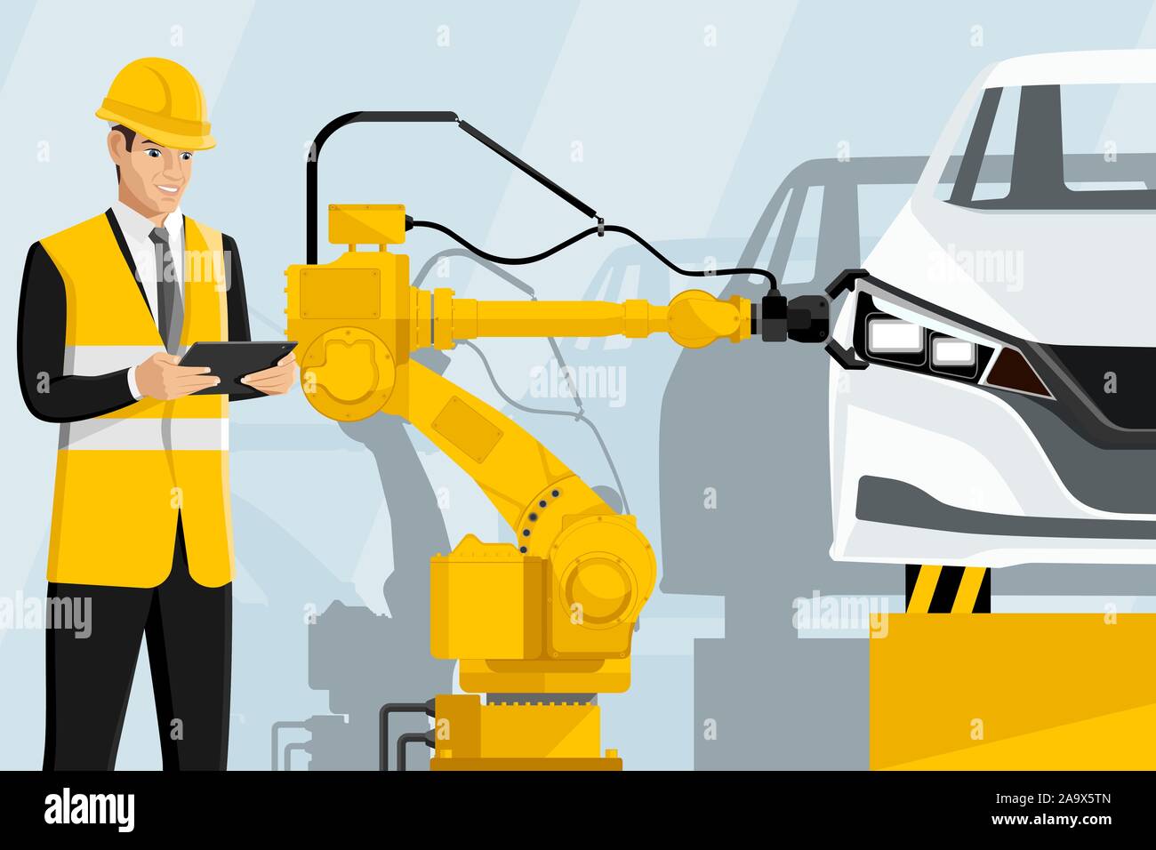 Engineer with a digital tablet controls robots on the car assembly line ...