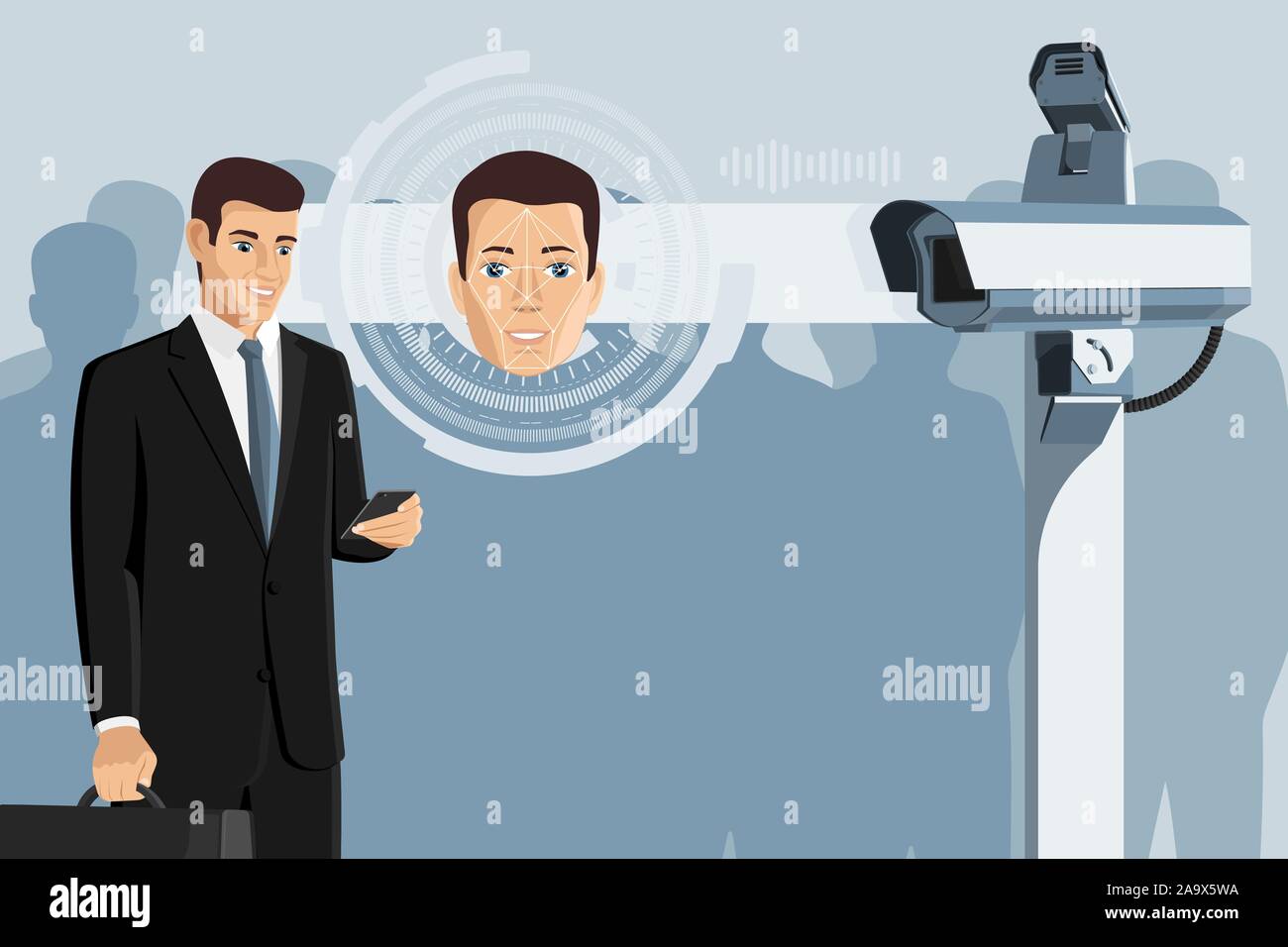 Surveillance camera with face recognition system. Vector illustration ...