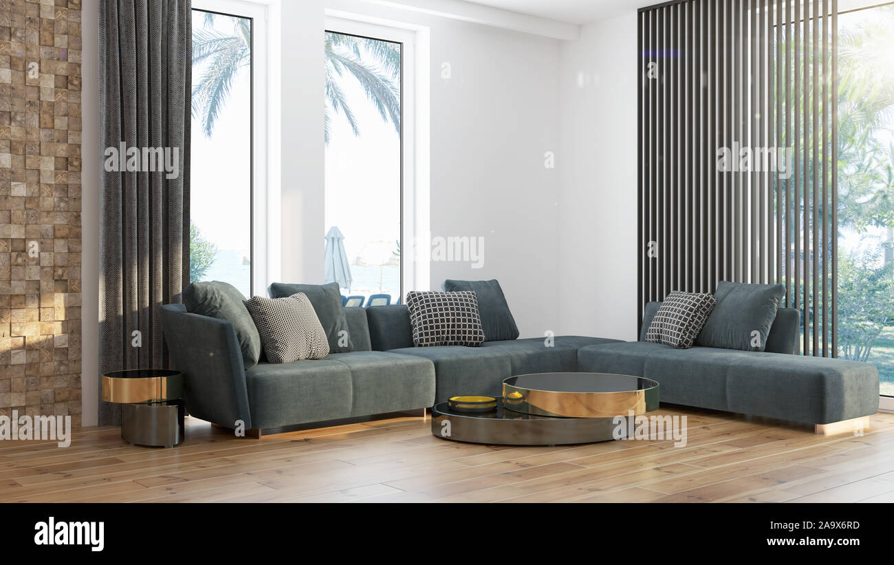 Modern design living room interior with beautiful view . 3D rendering ...