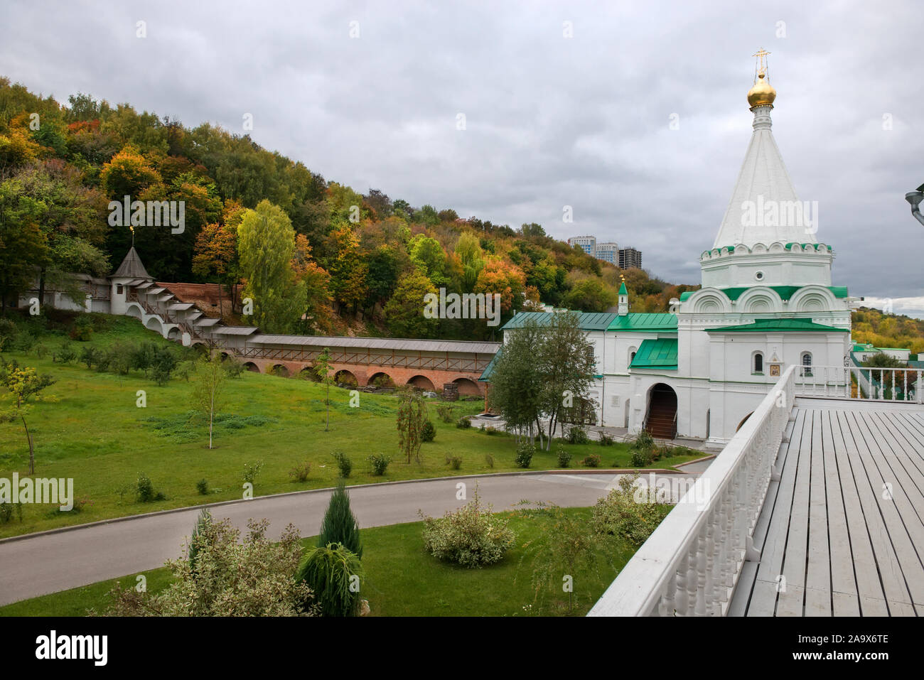 View of the Pechersky Ascension Monastery on a rainy autumn day ...