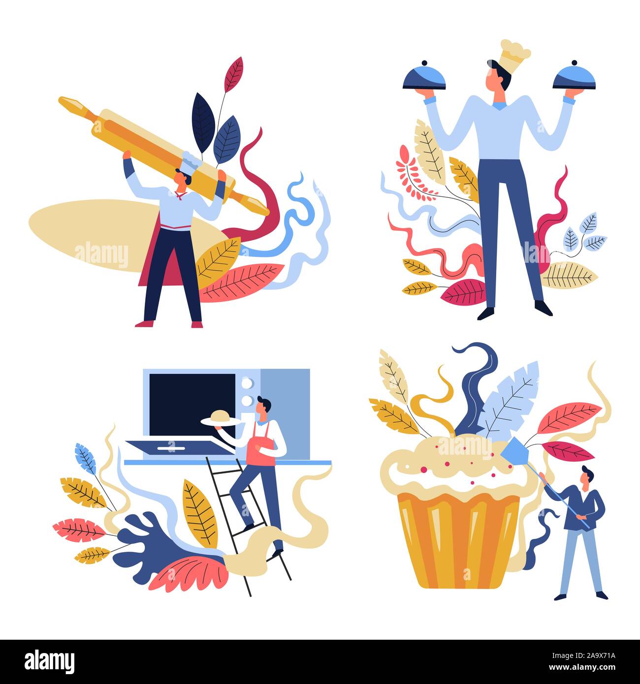 Home baking, cooking master class, cook and bakery food isolated icons ...