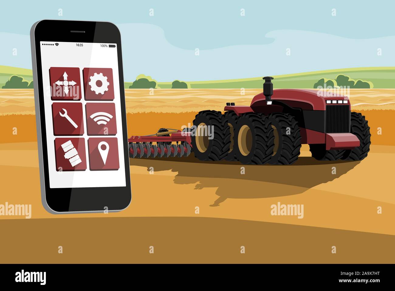 Autonomous tractor working in the field. Smart farming and digital ...