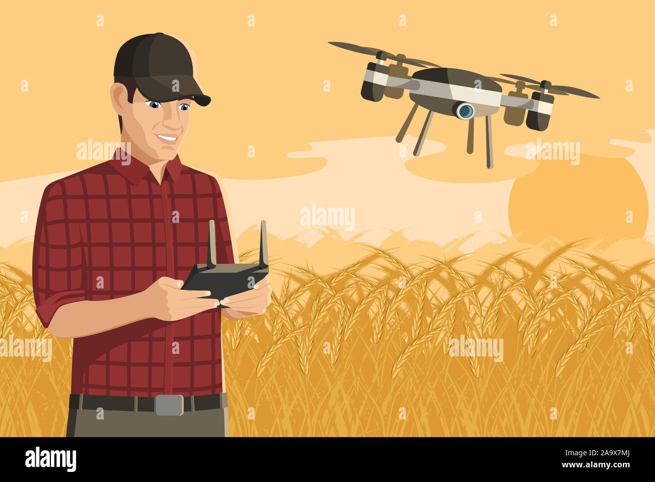 Farmer control drone on a wheat field. Digital transformation in ...