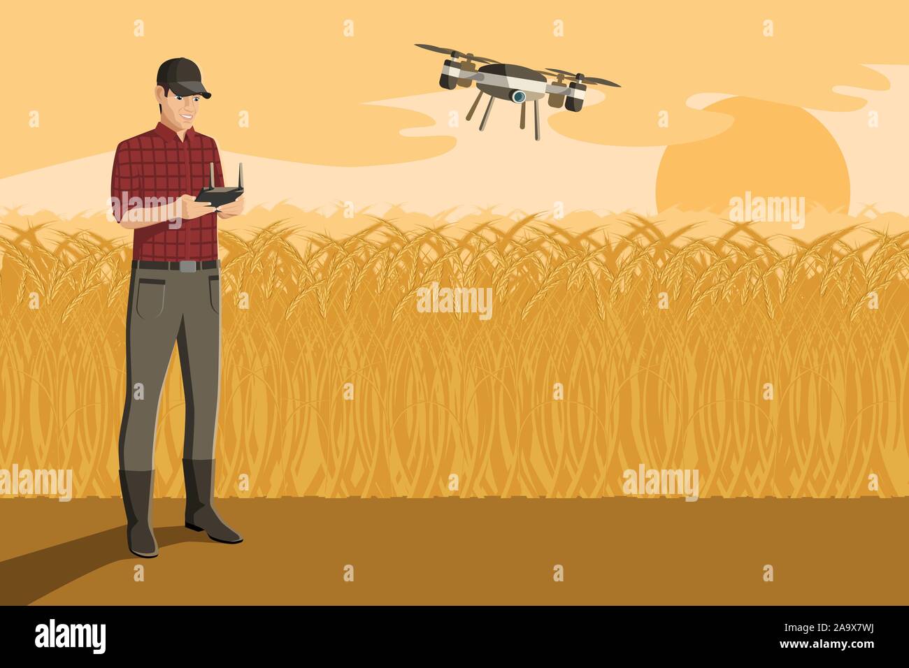 Farmer control drone on a wheat field. Digital transformation in ...