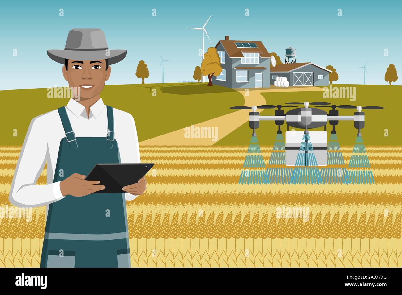 Black african american farmer with tablet control drone-sprayer. Digital transformation in ...