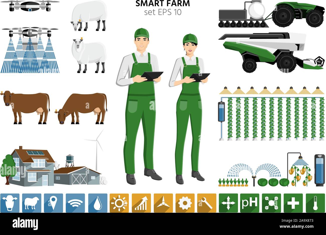 Smart farming set. Modern farmers with digital tablet, autonomous ...