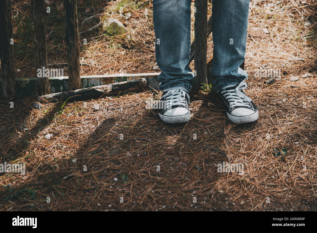 Legs of man in the forest Stock Photo - Alamy