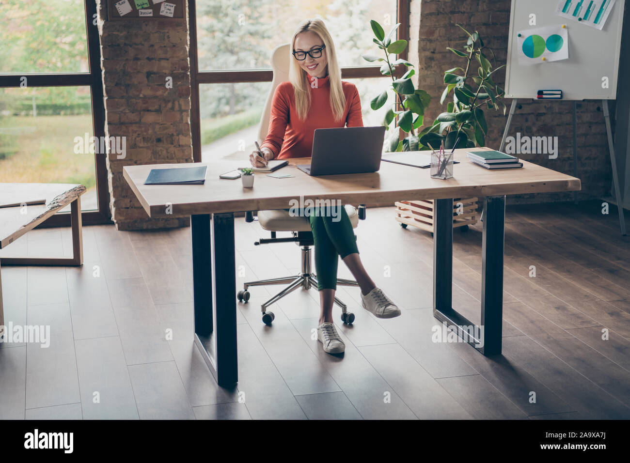 Full size photo of charming positive ceo entrepreneur sit chair table ...
