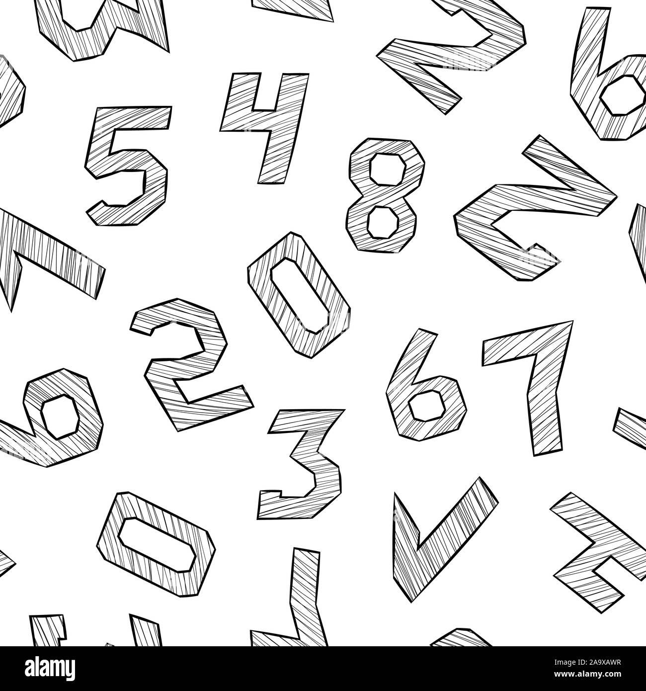 Numbers. Black and white hand drawn signs in hatching style. Seamless ...