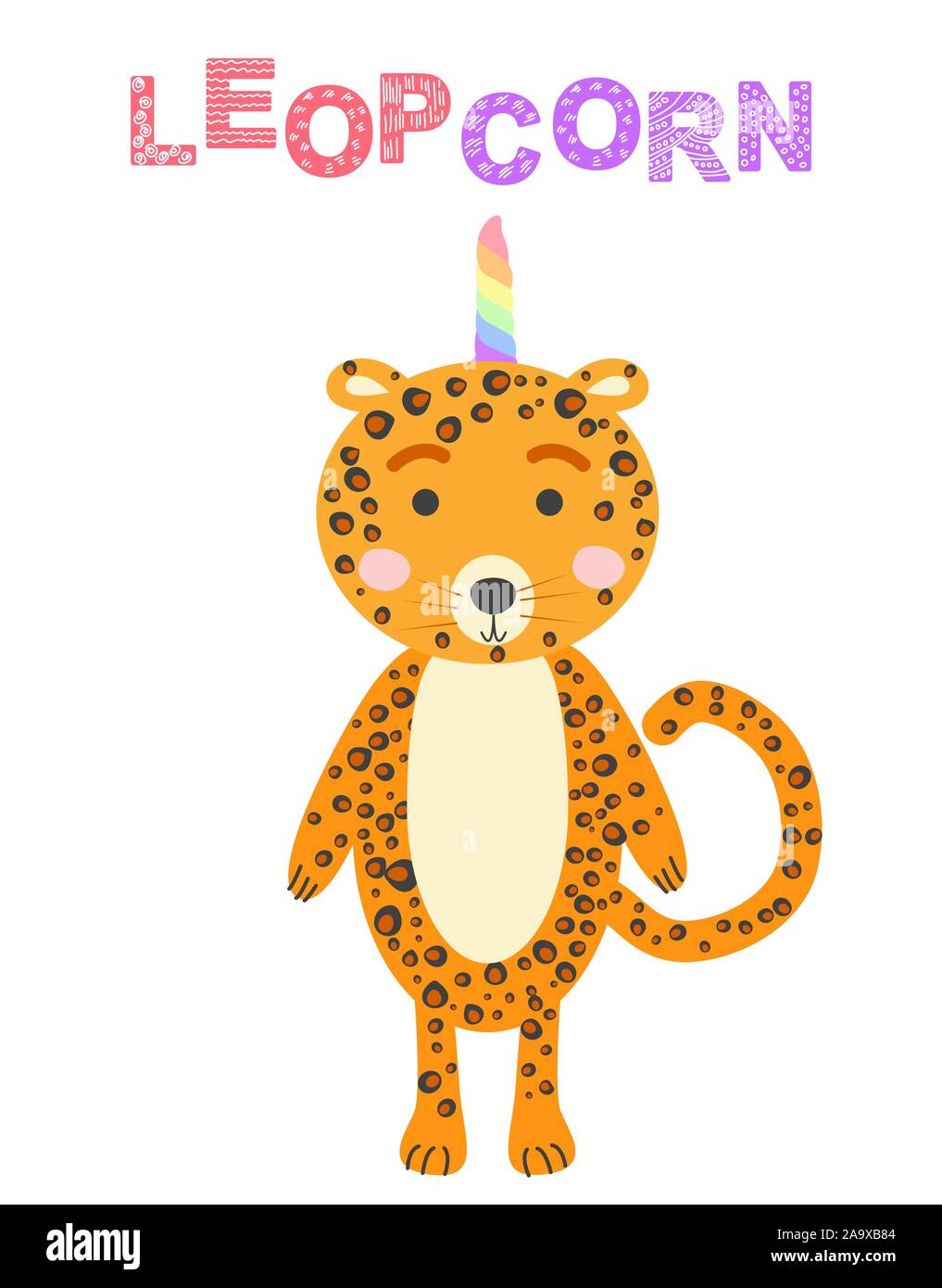 Cute leopard with a unicorn horn. Hand drawn jungle animal in ...