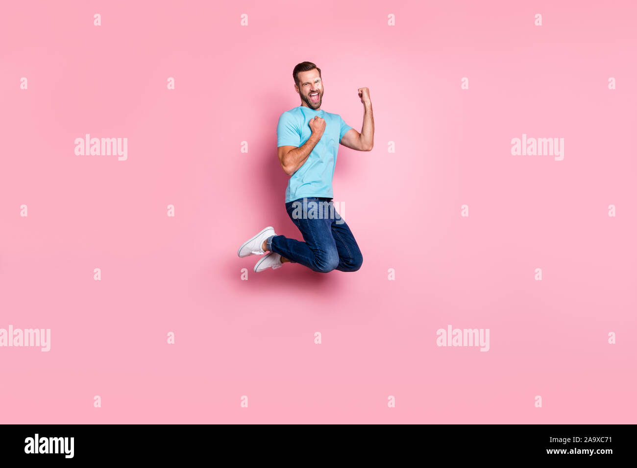 Full length body size profile side photo of cheerful screaming ecstatic ...