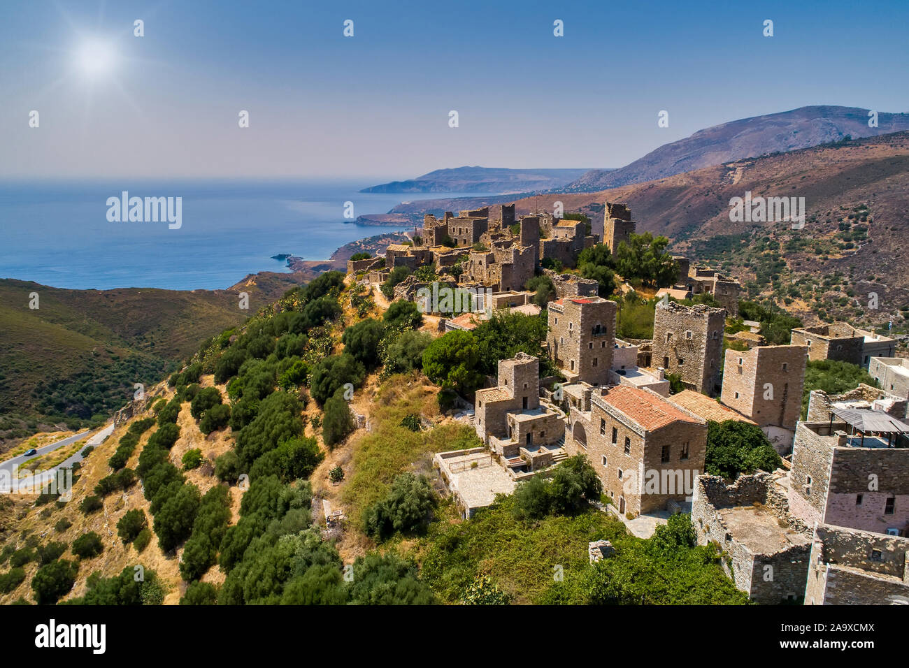 Aerial view the Vathia the impressive traditional village of Mani with ...