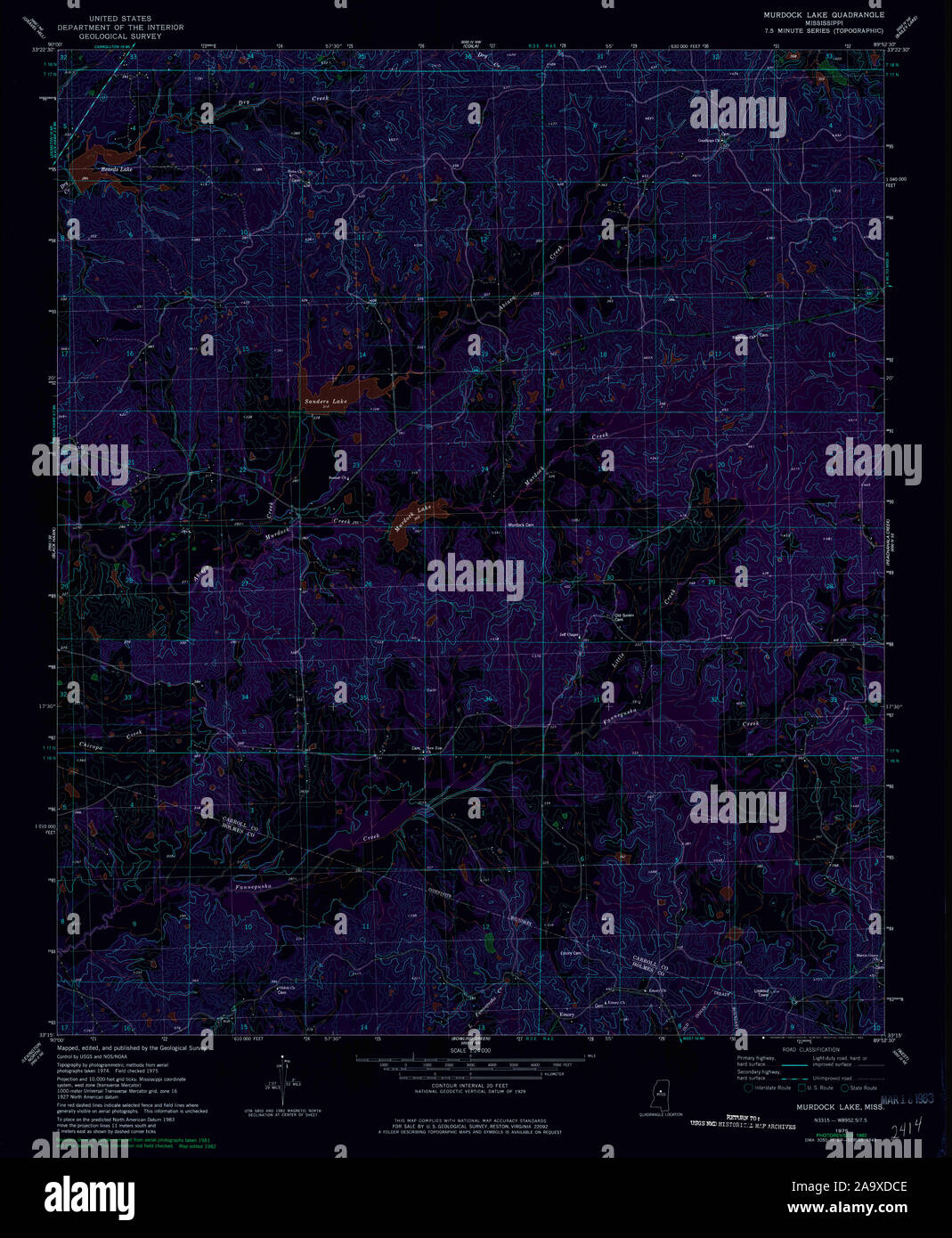 USGS TOPO Map Mississippi MS Murdock Lake 336161 1975 24000 Inverted ...