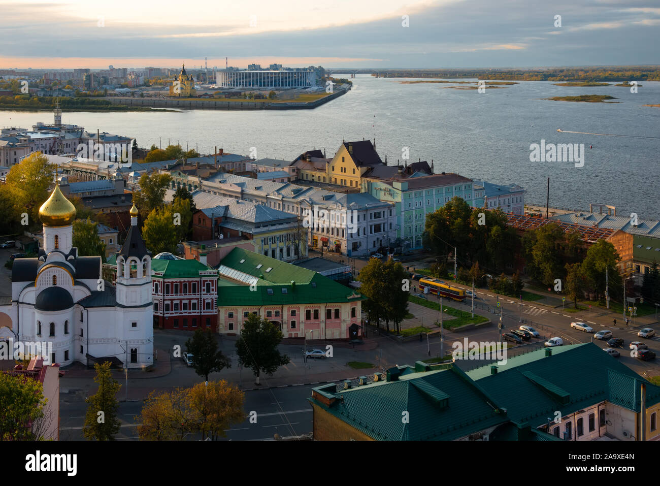 NIZHNY NOVGOROD, RUSSIA - SEPTEMBER 28, 2019: Summer view of Strelka ...