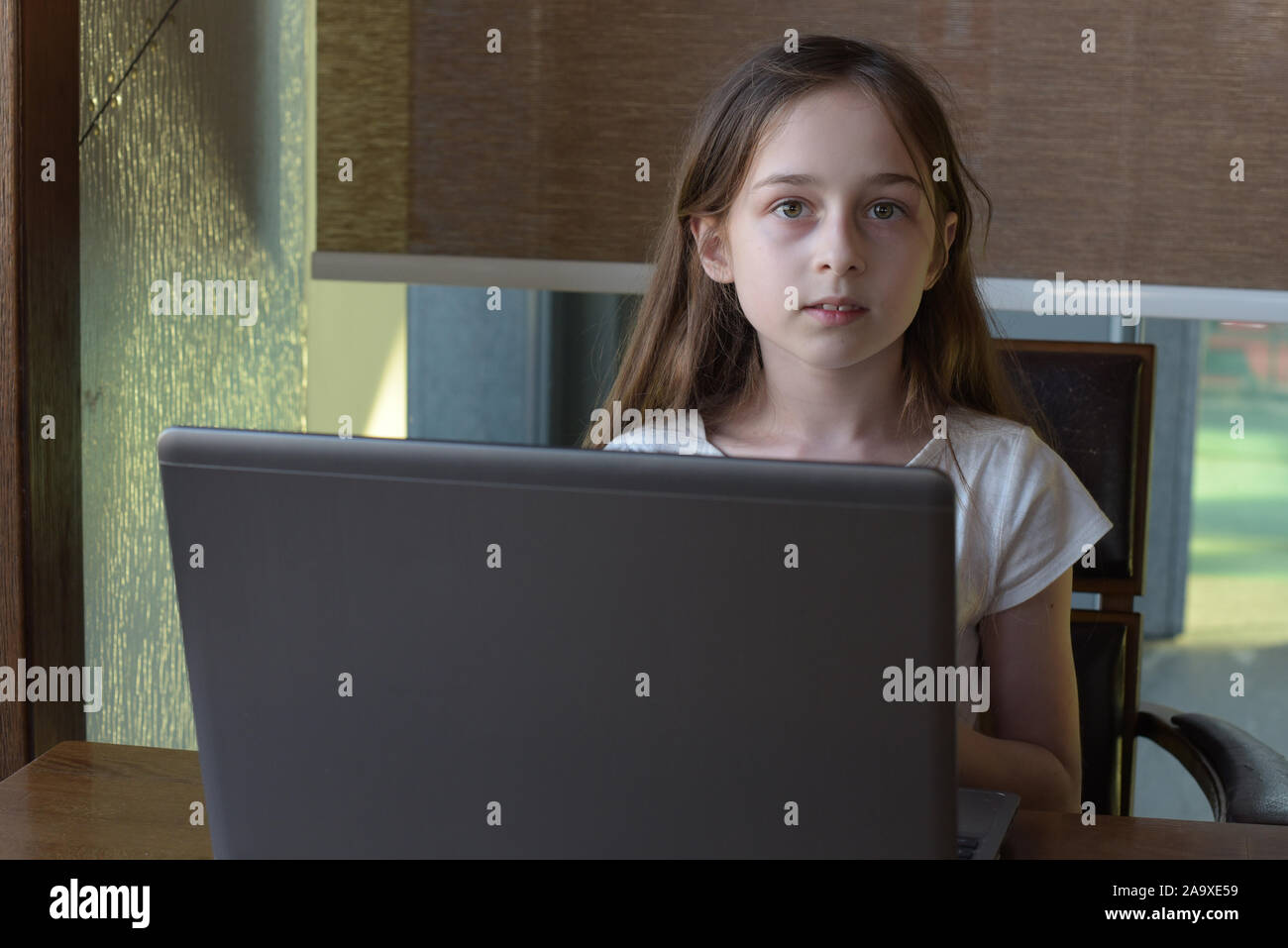 Student little school girl homework on laptop computer silver ...