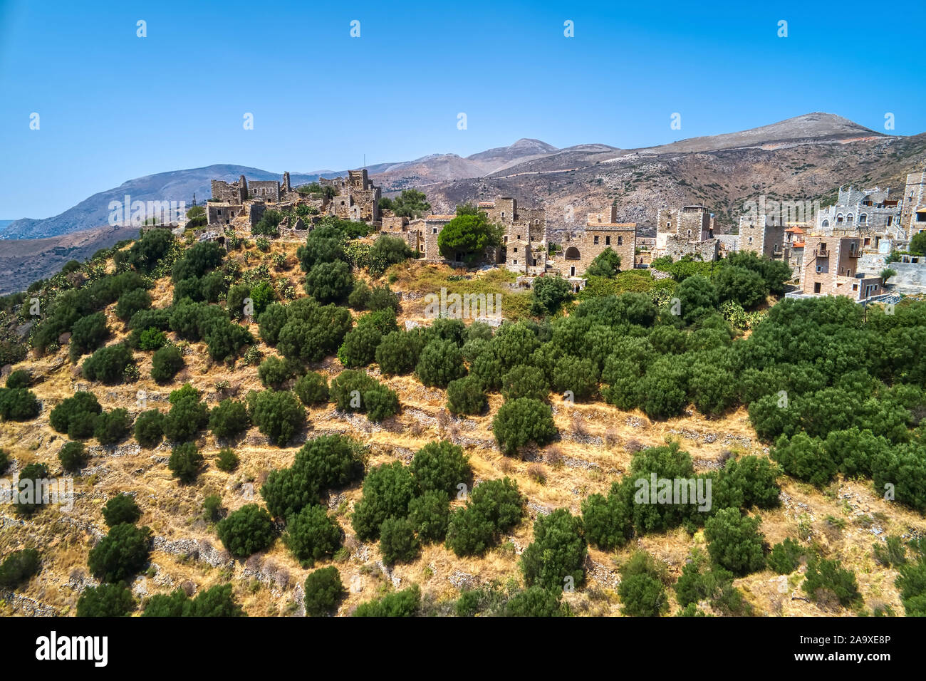 Aerial view the Vathia the impressive traditional village of Mani with ...