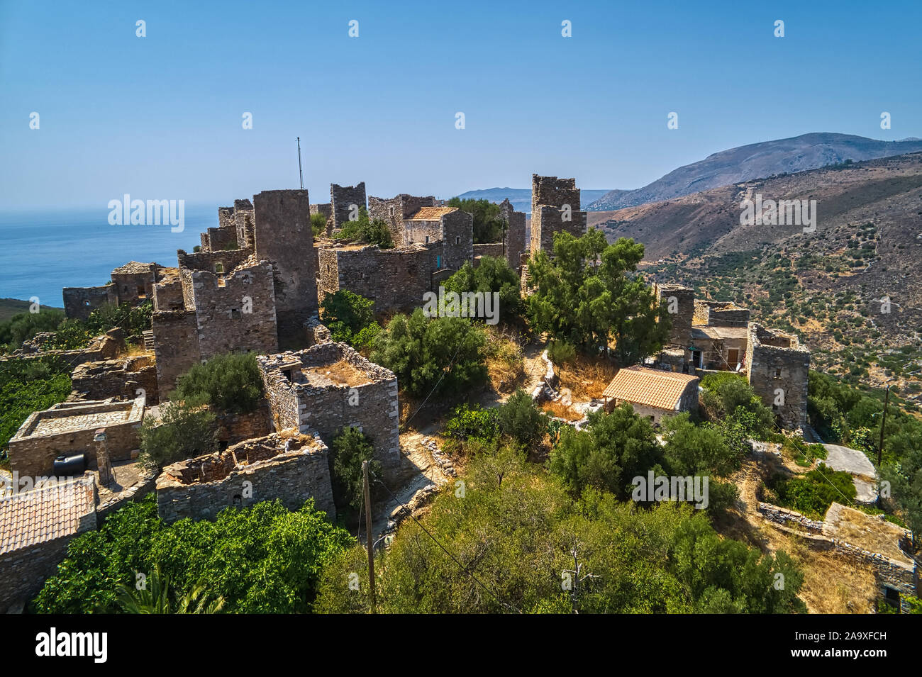 Aerial view the Vathia the impressive traditional village of Mani with ...