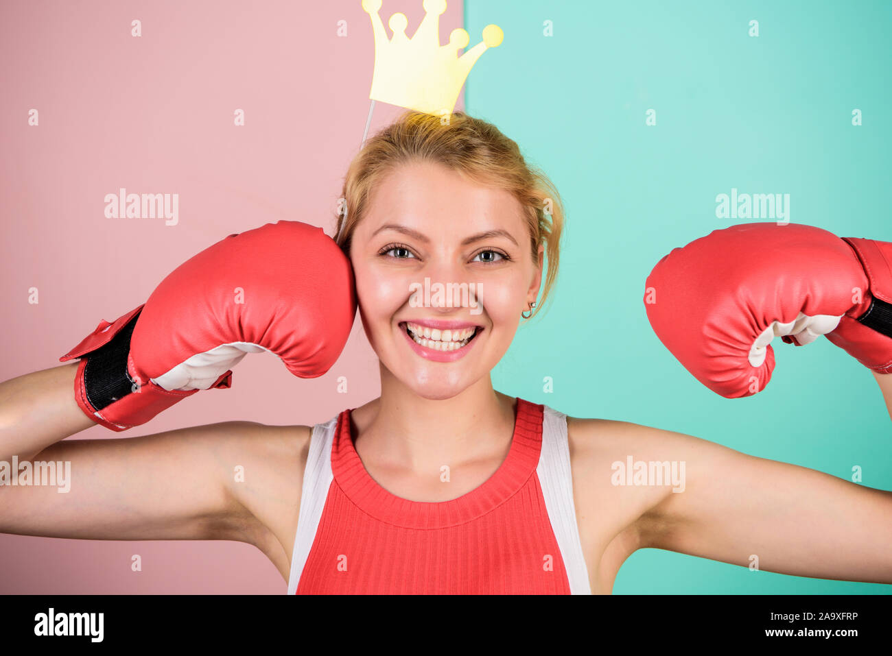 Achieve success. Celebrate success. Queen of boxing ring. Sportswoman ...