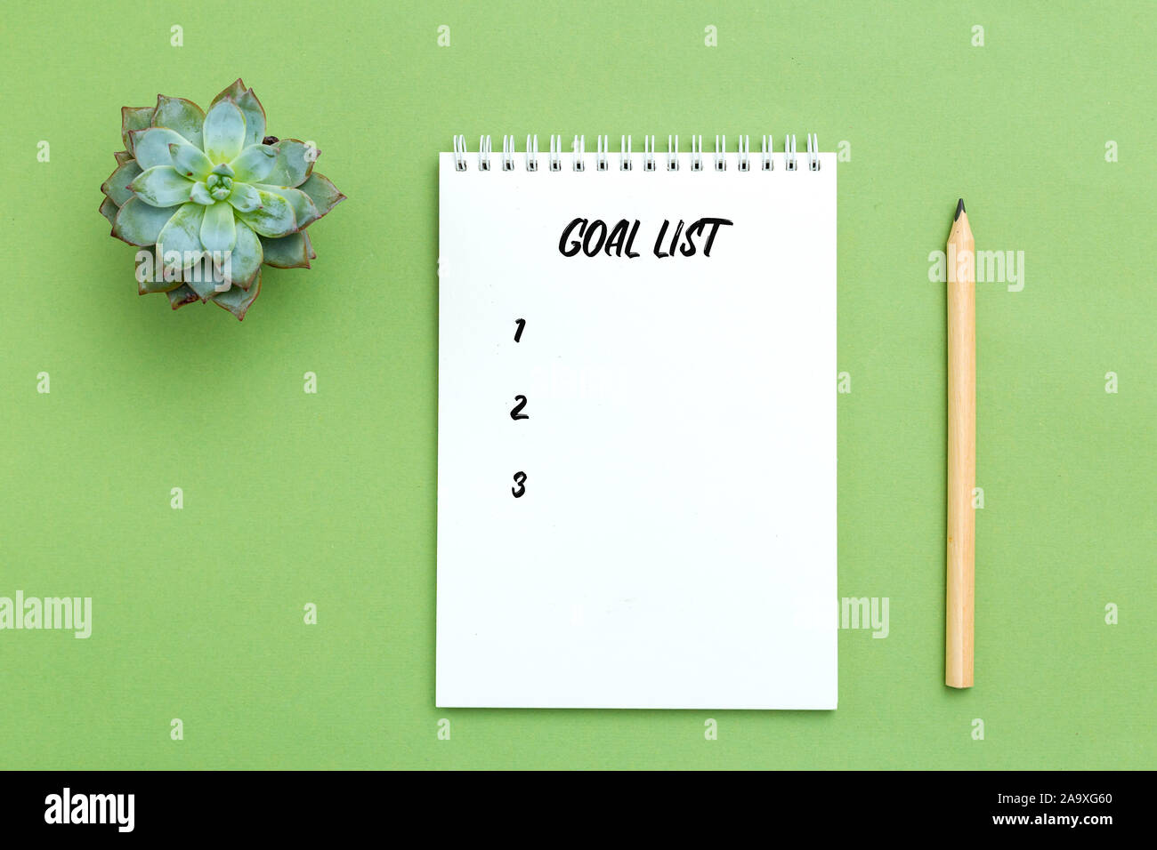 Goal planning. white sheet with pencil and succulents plants on green ...